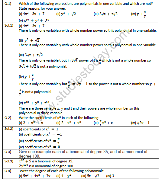 NCERT Solutions Class 9 Mathematics Chapter 2 Polynomials